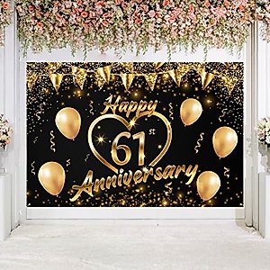 Happy 61st Anniversary Backdrop Banner Decor Black Gold – Glitter Love Heart Happy 61 Years Wedding Anniversary Party Theme Decorations for Women Men Supplies, 3.9 x 5.9 ft