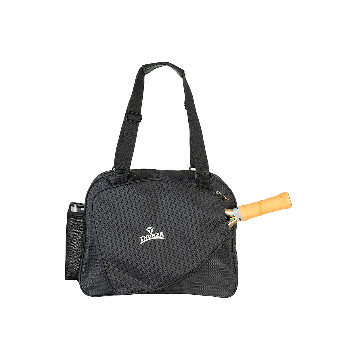 Thorza Pickleball Bag with Front Paddle Pocket, Large Mesh Pockets for Water Bottles and Gear, Storage for Clothes and Sports Equipment, Long Shoulder Sling, Classic Black, Men and Women