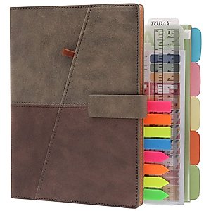 HXRTANGS A5 Loose-Leaf Notebook, Refillable 6-Ring Binder Journal Organizer with 80 Sheets Lined Paper + Planner Stickers + Subject Dividers + Index Tabs + Zip Bag + Stencil + Bookmark Ruler, Brown