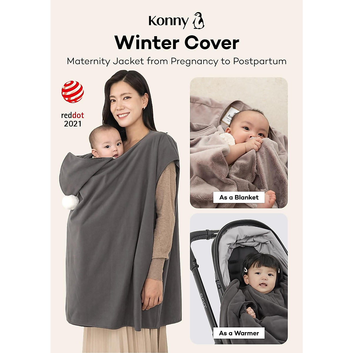 Konny Baby Carrier Winter Cover, Maternity Baby Carrier Hoodie, Women's Fleece Jacket, Maternity Coat, Nursing Hoodie Vest (Charcoal, Free Size)