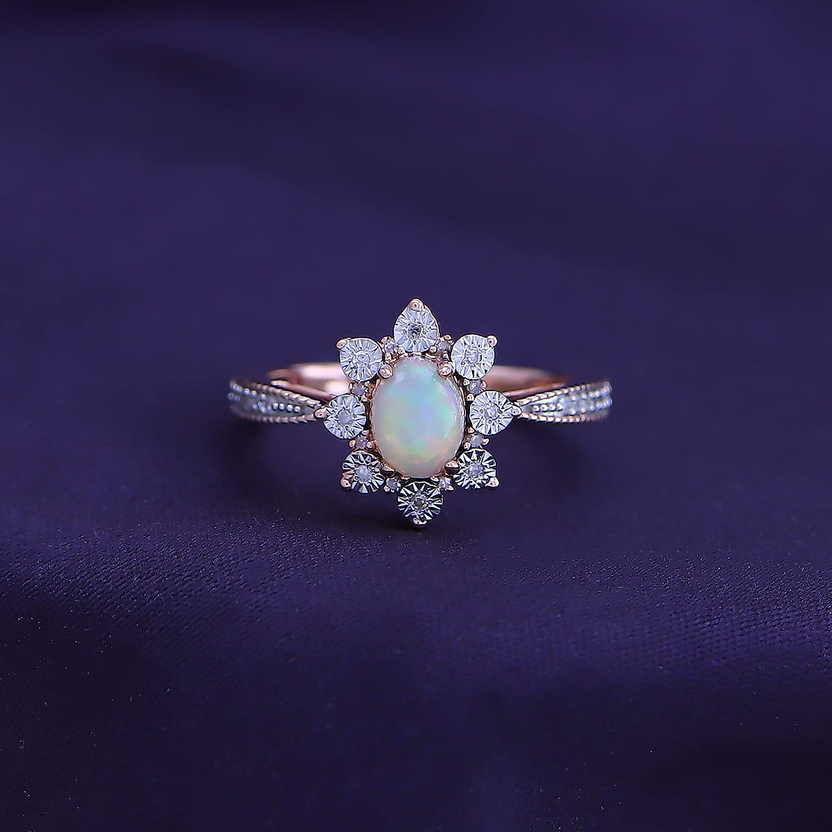 GEMVIO Collection 1/2 CT 6X4MM Oval Cut Natural White Opal Gemstone With Diamond Sunburst Frame Vintage-Style Halo Ring In 14K Rose Gold Over Sterling Silver Engagement Wedding Ring(0.50Cttw)-8