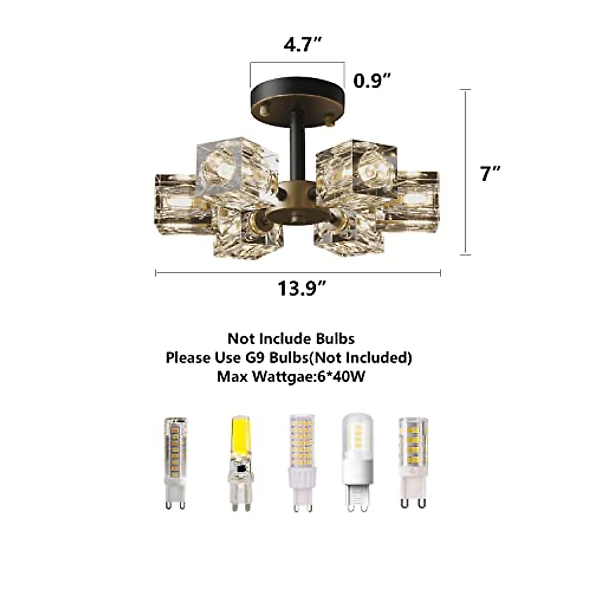 OKES Semi Flush Mount Ceiling Light,13inch Modern Black and Gold Crystal Chandeliers,6-Lights Industrial Sputnik Chandeliers for Bedroom,Kitchen,Hallway,brthroom,entryway,Dining Room