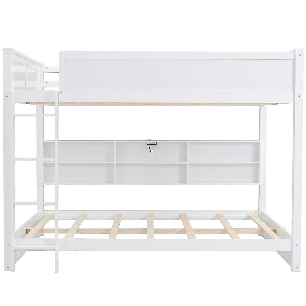 XD Designs Wood Bunk Bed Queen Over Queen Size with Built-in Storage Cabinets and USB Ports, Versatile Bunk Bed Frame with Ladder and Guardrail for Kids Teens Adult, Maximize Space (White-9.30)