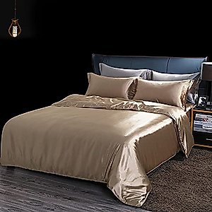 ENPAP Duvet Cover Set Bedding with Fitted Sheet and Pillowcases Silk Like Satin Bedding Sets Summer Quilt/Comforter Covers Luxury Soft Microfiber (Color : Gold, Size : Queen)