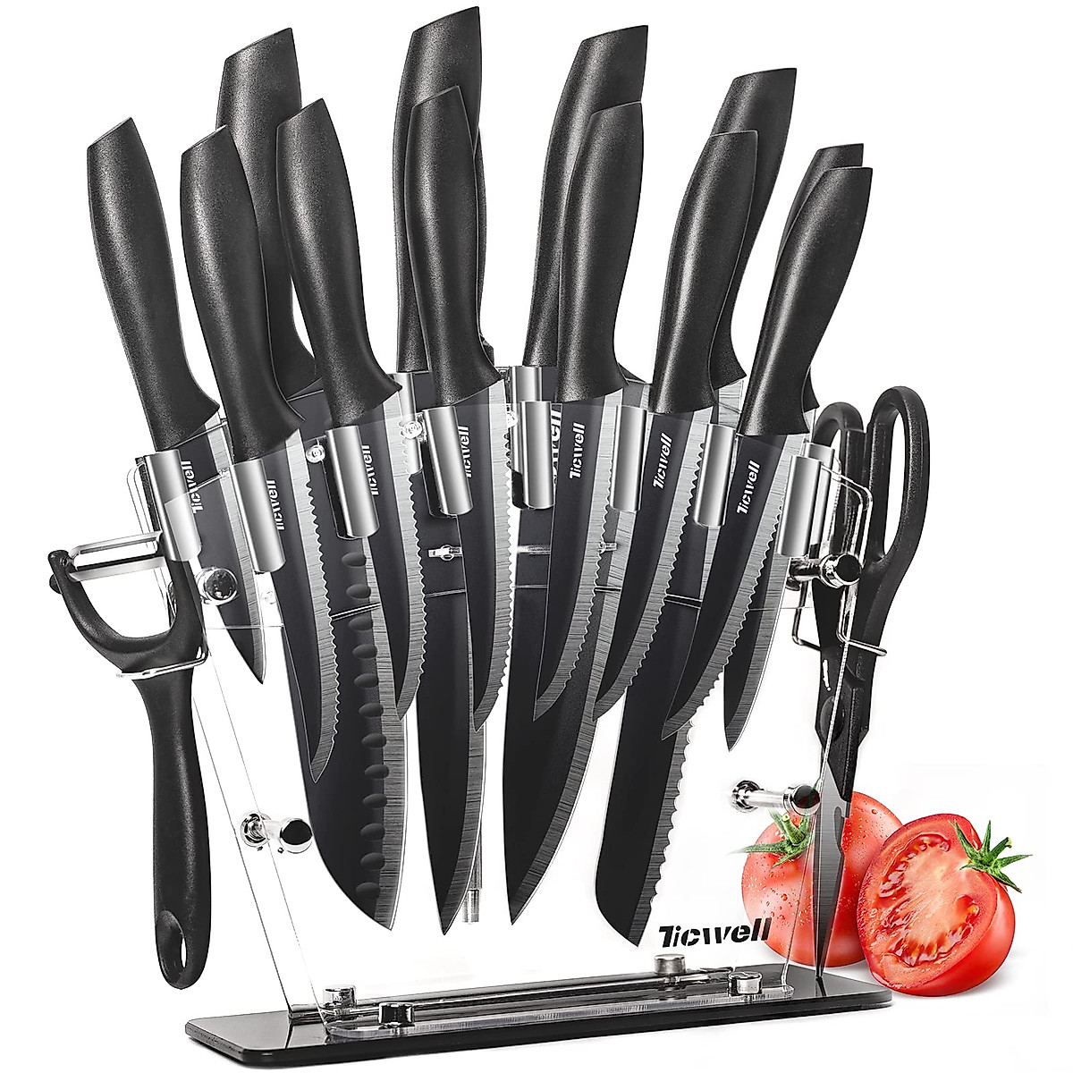 TICWELL Knife Set, 19 Pieces German Stainless Kitchen Knife Block Sets Include Accessories,Black