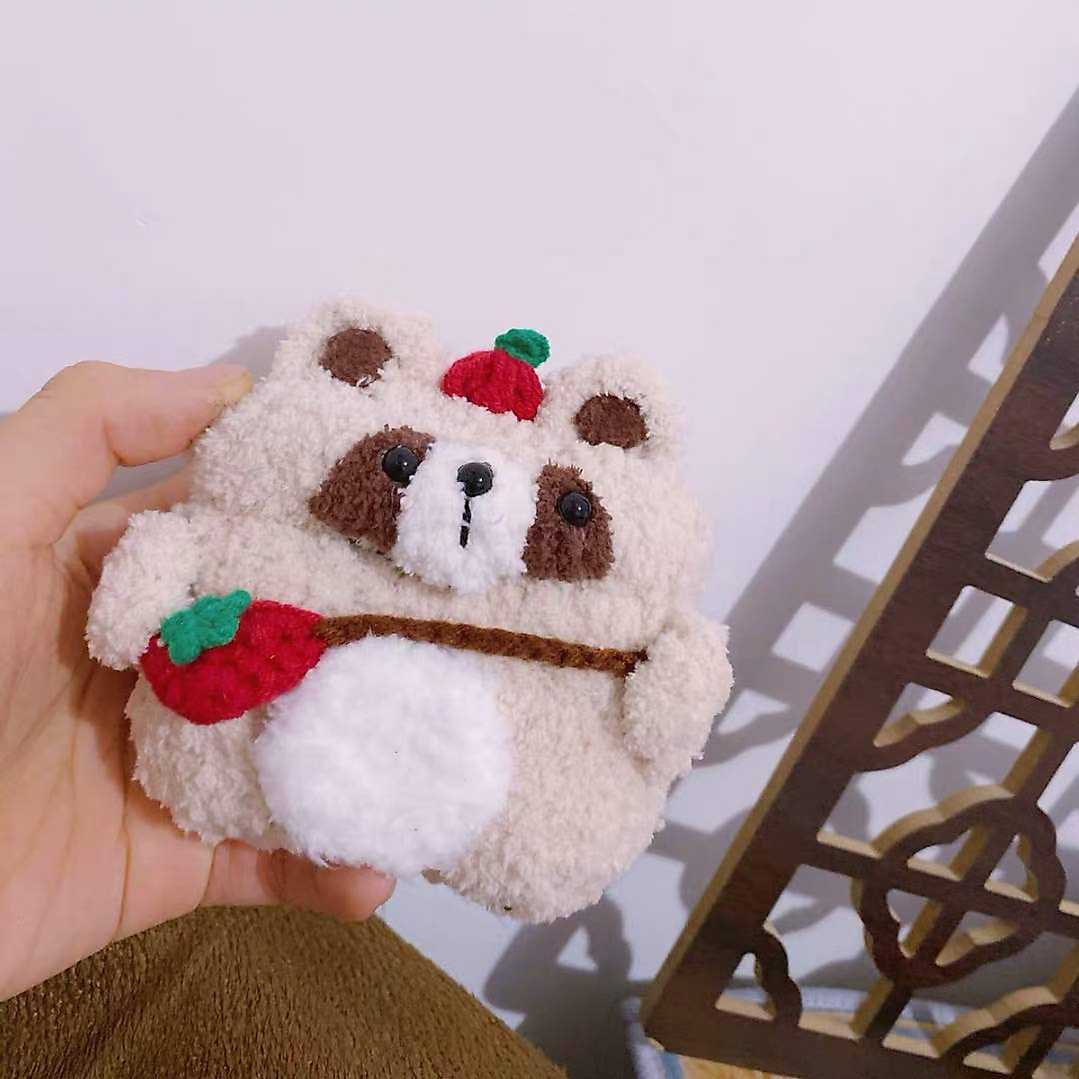 Cute Hand Made Knit Fur Fluffy Raccoon Case Animal Plush Doll Carrying Protect Case Cover Compatible with Sony WF-1000XM3 Wireless Earbud Cartoon Headphones Cover Girls Boys Best Gift