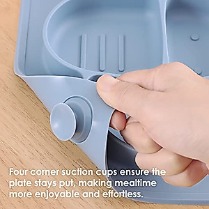 [Upgraded] ROCCED Suction Plates for Baby placemat Spoon Fork Set for Toddlers, Silicone Baby Plates with Suction Baby Dishes for Kids Plates-Dusty blue