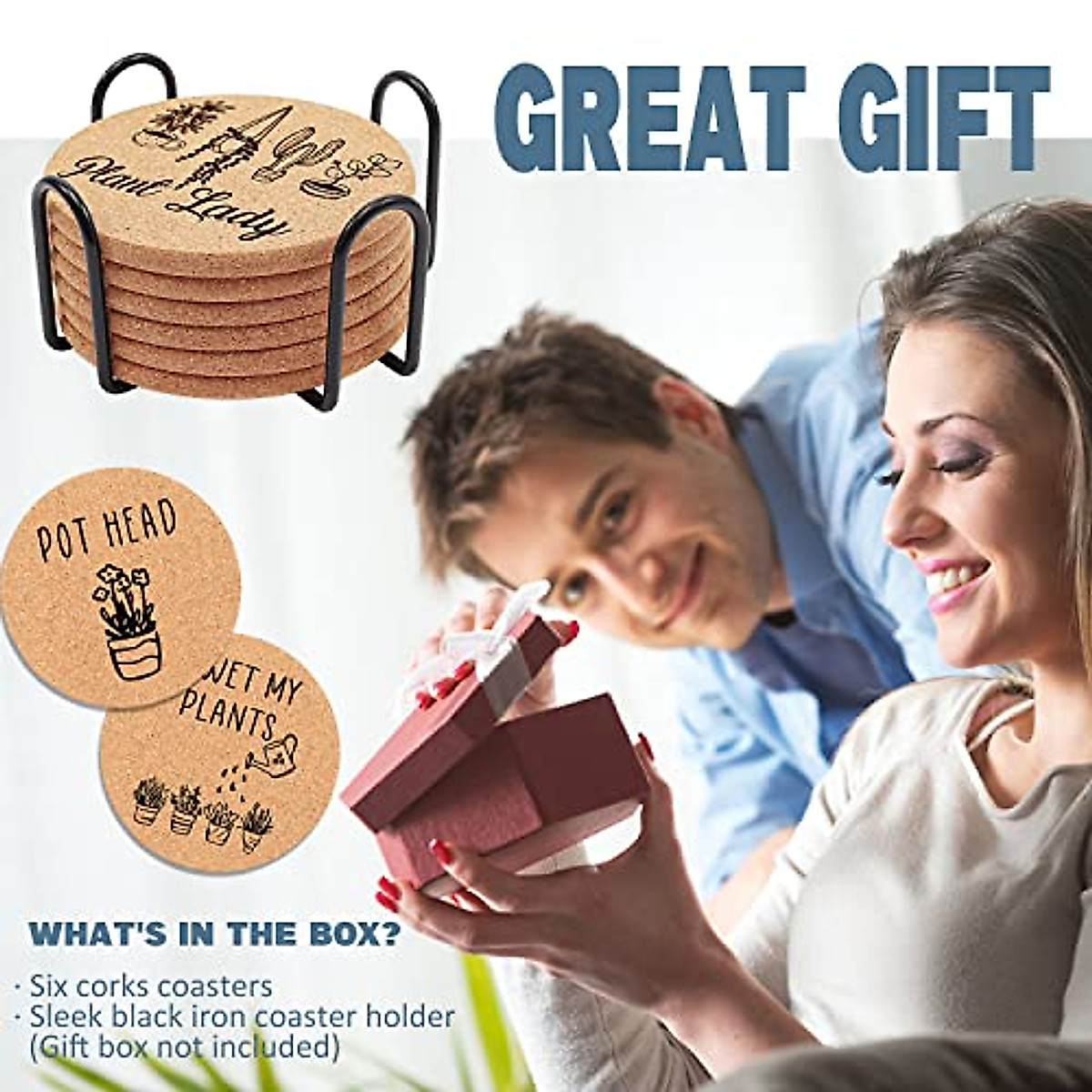 Homento Funny Plant Coasters for Drinks Absorbent with Holder-Plant Gifts for Plant Lovers Women,Funny Succulent Gifts for Gardeners,Crazy Plant Lady Gift,Plant Cork Coasters with Cork Base,Set of 6