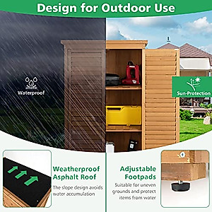 GOFLAME 63” Outdoor Storage Cabinet, Wooden Garden Storage Shed with 3 Removable Shelves, Waterproof Asphalt Roof, Adjustable Footpads, Latch, Outdoor Tall Vertical Tool Shed for Garden Porch Deck