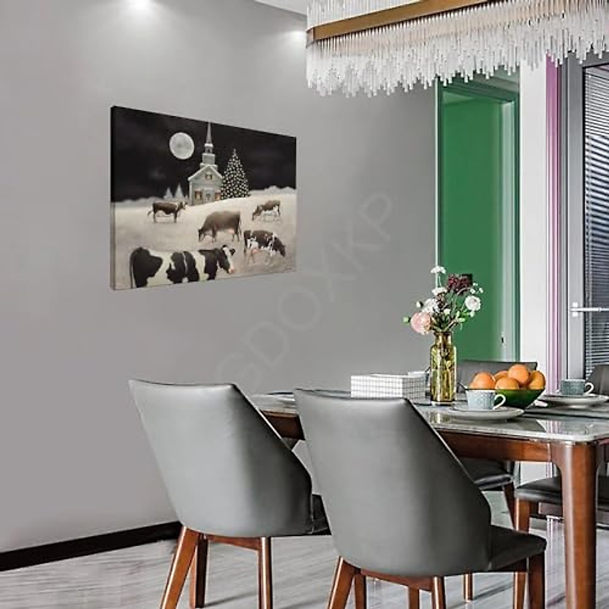 Artist Lowell Herrero Works Vermont Christmas Cow Naive Art American Folk Art Poster Canvas Poster Bedroom Decor Office Room Decor Gift Frame-style 20x16inch(50x40cm)