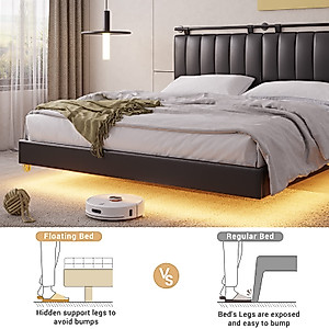 DICTAC Floating King Bed Frame with RGB LED Lights Modern Upholstered King Size Led Bed Frame with Wall Mounted Headboard,No Box Spring Needed,White