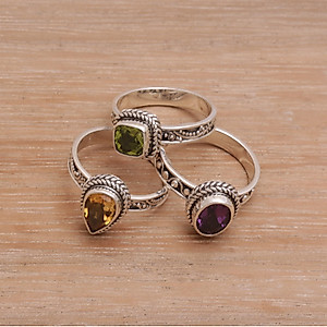 NOVICA Artisan Handmade .925 Sterling Silver Multigemstone Stacking Rings Amethyst Citrine Peridot Cocktail Indonesia Birthstone 'Perfect Prism' (set of 3)