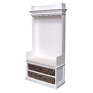 NovaSolo Halifax Pure White Mahogany Wood Entryway Coat Rack With 5 Hooks, Cushion, Top Storage And 2 Rattan Baskets