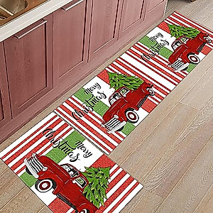 2 Pieces Kitchen Rugs and Mats Set, Christmas Truck Xmas Tree Red Green Stripe Kitchen Mats Cushioned Floormat Non Slip Runner Rug Set for Kitchen Laundry Entryway Decor, 15.7"x23.6"+15.7"x47.2"