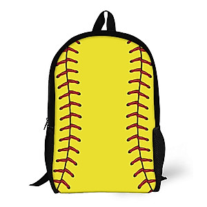 ONE TO PROMISE Softball Baseball School Backpack Cartoon Softball Baseball Red Lace on Yellow Shoulder Bags,Lightweight Fashion Commute Daypack Bookbag for Teen Boys Girls High School Student,17 Inch