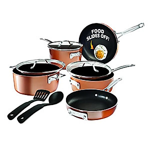 Gotham Steel Stackable Pots and Pans Stackmaster 10 Piece Cookware Set with Ultra Nonstick Cast Texture Ceramic Coating, Copper