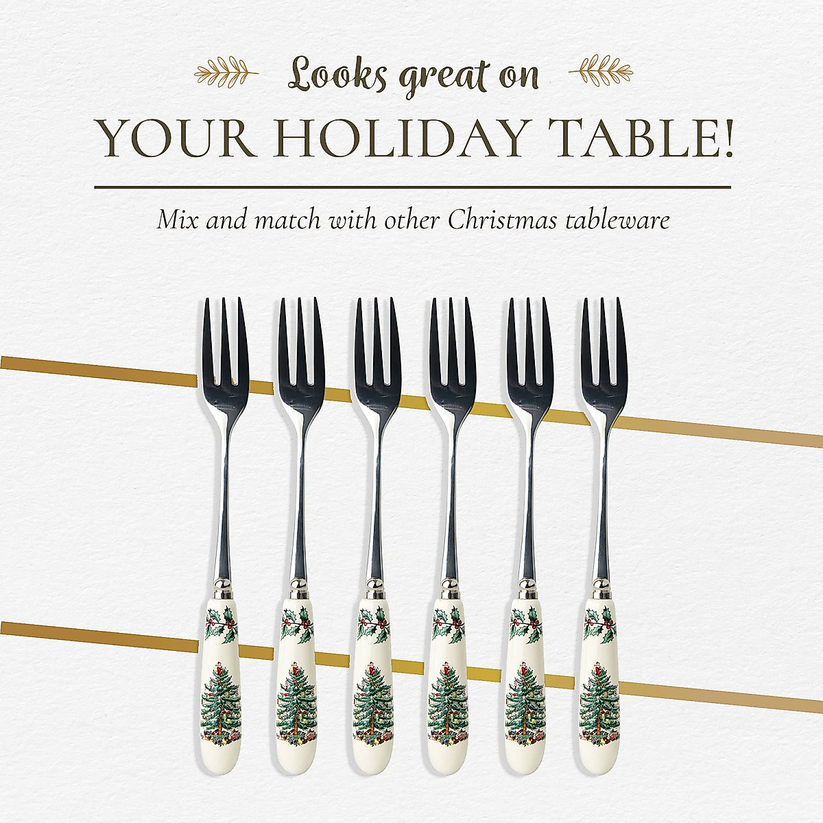 Spode Christmas Tree Collection Pastry Forks, Set of 6, Stainless Steel Fork, Porcelain Handle, 6-Inch Salad, Spaghetti, Appetizer, and Dessert Fork, Holiday Silverware