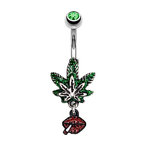 Pierce2GO Weed Belly Button Ring - 316L Surgical Grade Stainless-Steel Belly Button Ring with Lips Smoking Weed - Marijuana Belly Button Ring with Cubic Zirconia Stone - Navel Rings for Women