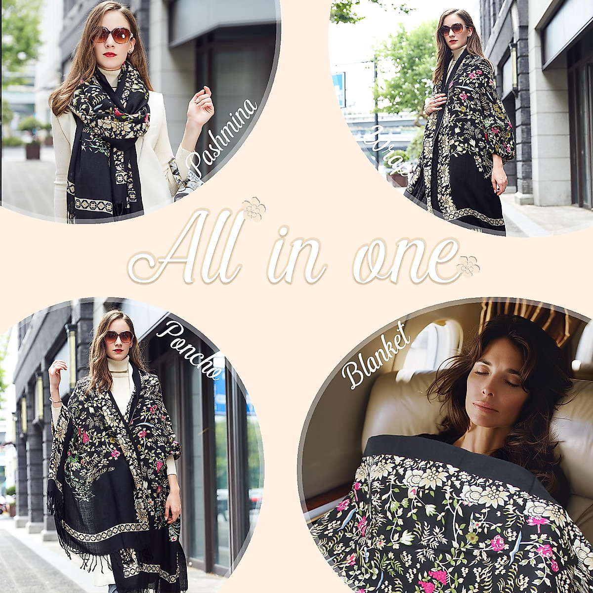 DANA XU 100% Merino Wool Extra Large Pashmina Blanket Travel Scarf Cashmere Wrap for Women Fall Winter Oversize Shawl Floral
