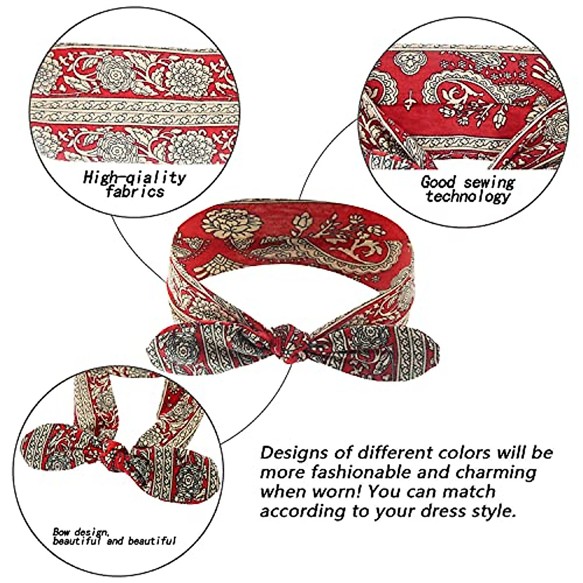 Carede Bandana Headband for Women Vintage Paisley Knot Headbands Bow Headband Elastic Cute Hair Band,Pack of 6