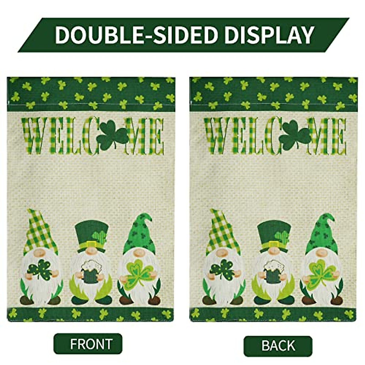 St Patricks Day Garden Flag with Lights, Welcome Gnome Shamrock Garden Flag Double Sided Yard Flags for Lawn Party St Patricks Day Outdoor Decorations 12 x 18 Inch