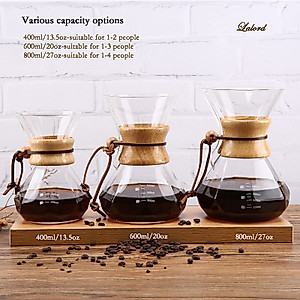 Lalord Pour Over Coffee Maker with Stainless Steel Filter, Borosilicate Glass Coffee Carafe, Modern Wooden Collar, Coffee Maker Carafe, Hold 2 Cups, 400 ml/13.5 oz, Clear