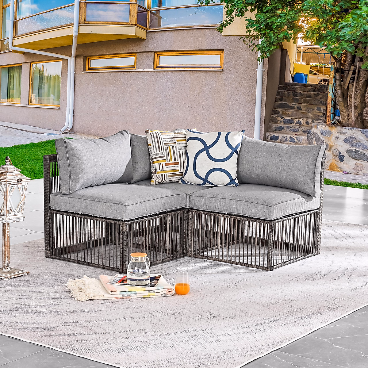 Festival Depot 3 Pieces Patio Conversation Set Sectional Corner Sofa Combination Outdoor Furniture All-Weather Wicker Metal Armless Chairs with Seating Back Cushions Garden Deck Poolside (Grey)