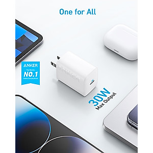 Anker 30W USB-C Charger, Anker 312 Charger with Compact and Foldable Design, High-Speed Fast Charging for iPhone 14/13/12 Series, Samsung S23, MacBook Air, iPad Pro, & More 5 ft USB C Cable Included