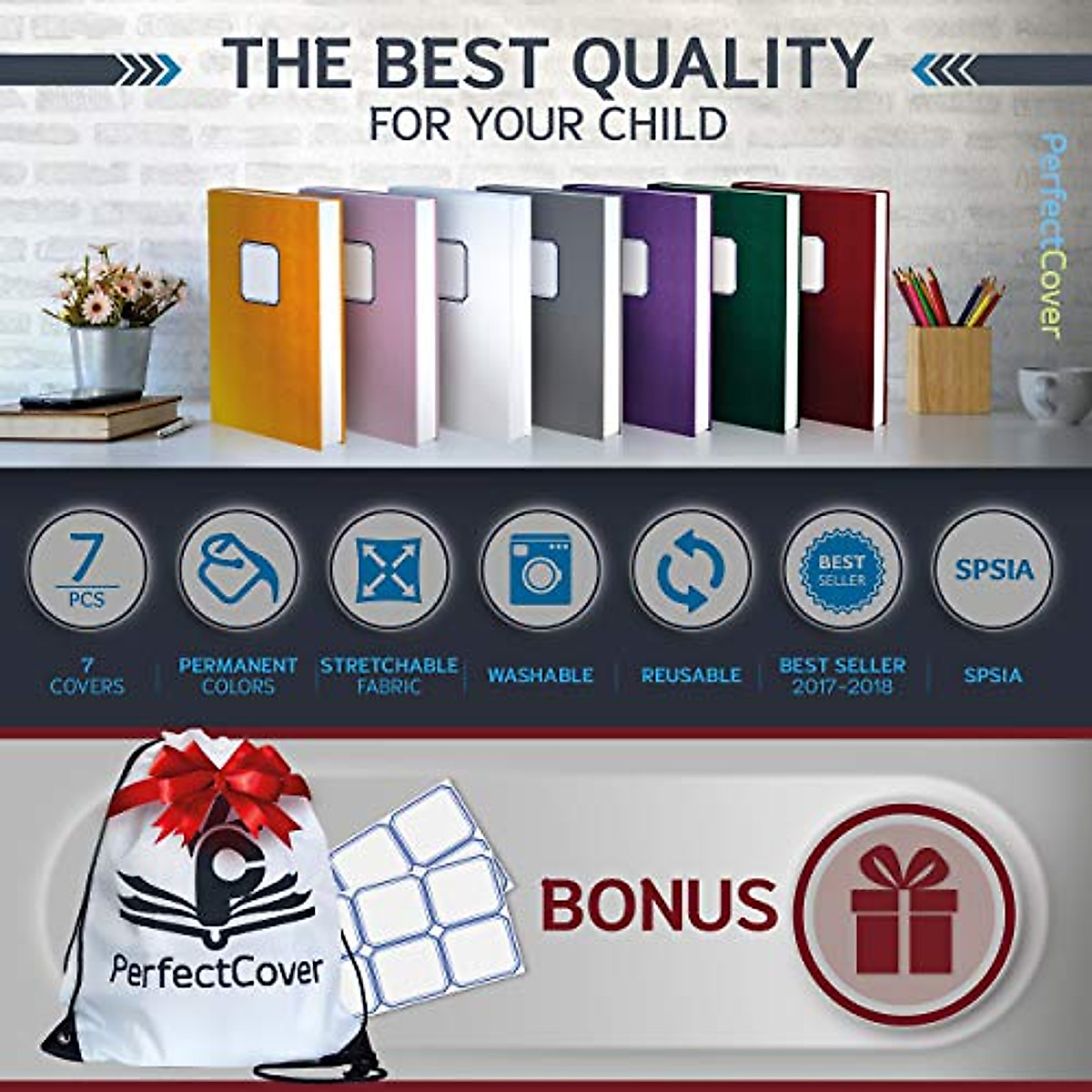 7 Pack Stretchable Book Covers - Multiple Colors Durable, Washable, Reusable and Protective Jackets for Hard Cover Schoolbooks and Textbooks - by PerfectCover (7-Pack, Set-2)