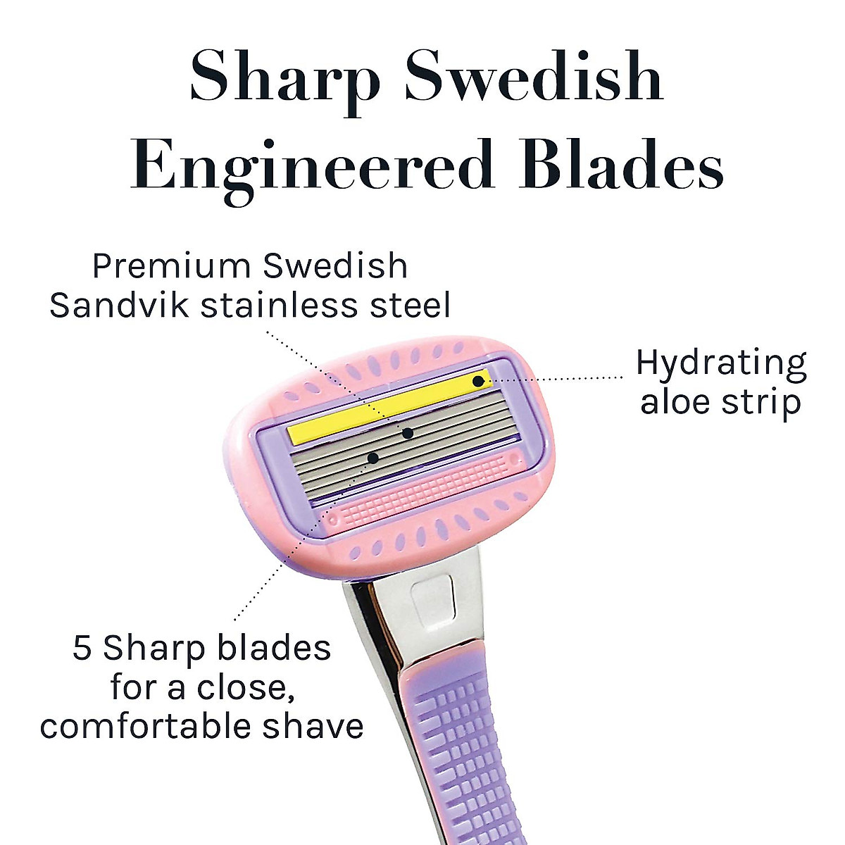 AOA Studio Women's 5-Blade 7pc Kit Including 1pc Handle 5pcs Five-Blade Heads from Swedish1pcs Stainless Steel Shower Hook Hydrating Aloe and Vitamin E Strip Cleanest, Closest, Comfortable Shave