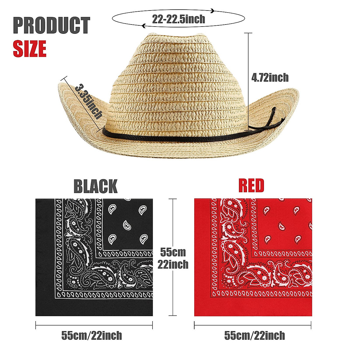 Zhanmai Cowboy Hat and Bandana Set - 18 Set Straw Cowboy Hats and Bandanas for Adult Cowboy Costume Birthday Party Props Supplies (Beige, Red, Black)