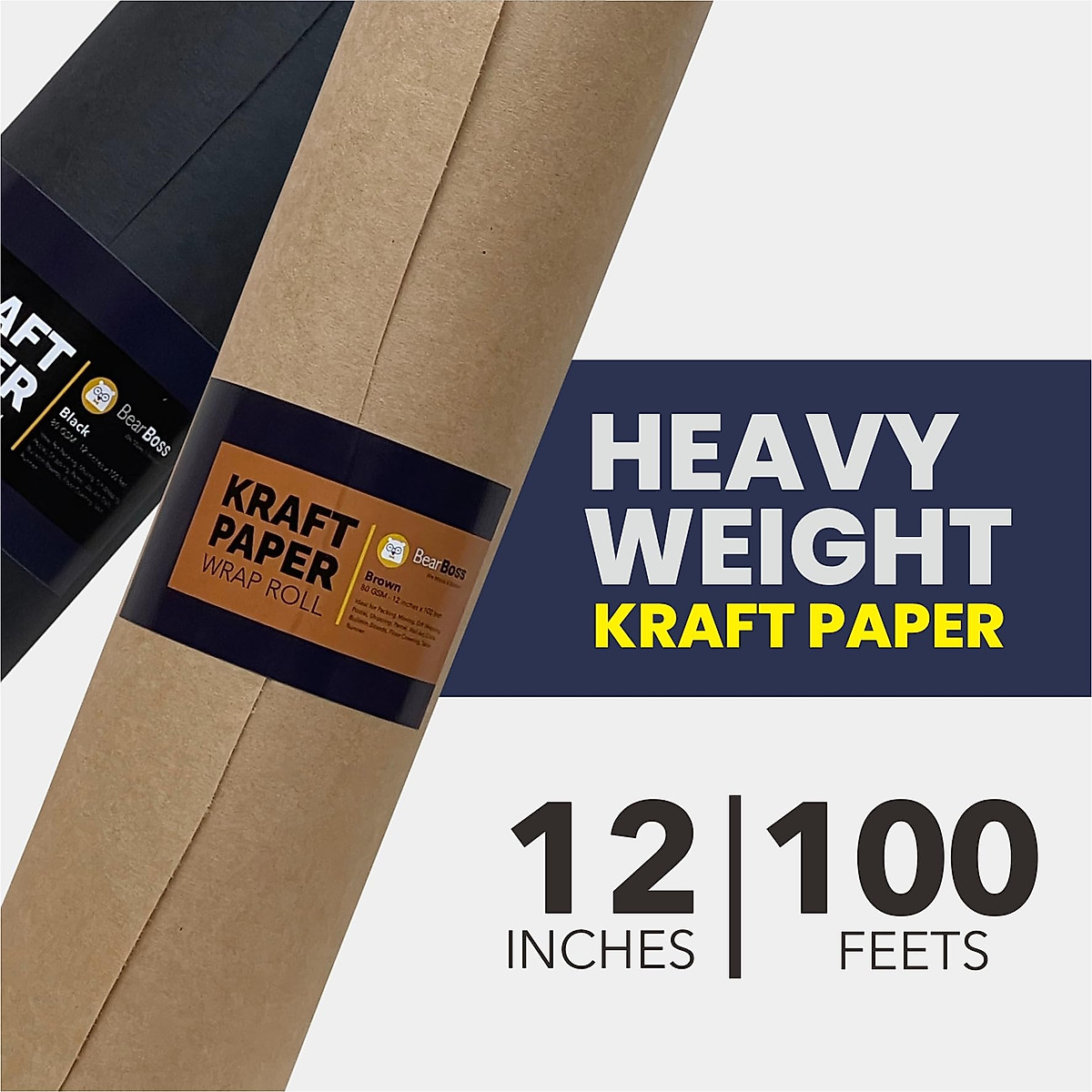 BearBoss 3 Kraft Paper Roll - Brown Black White - 12 inches x 100 feet - Paper Perfect for for Crafts, Art,Small Wrapping, Packing, Postal, Shipping, Dunnage & Parcel, Special Package