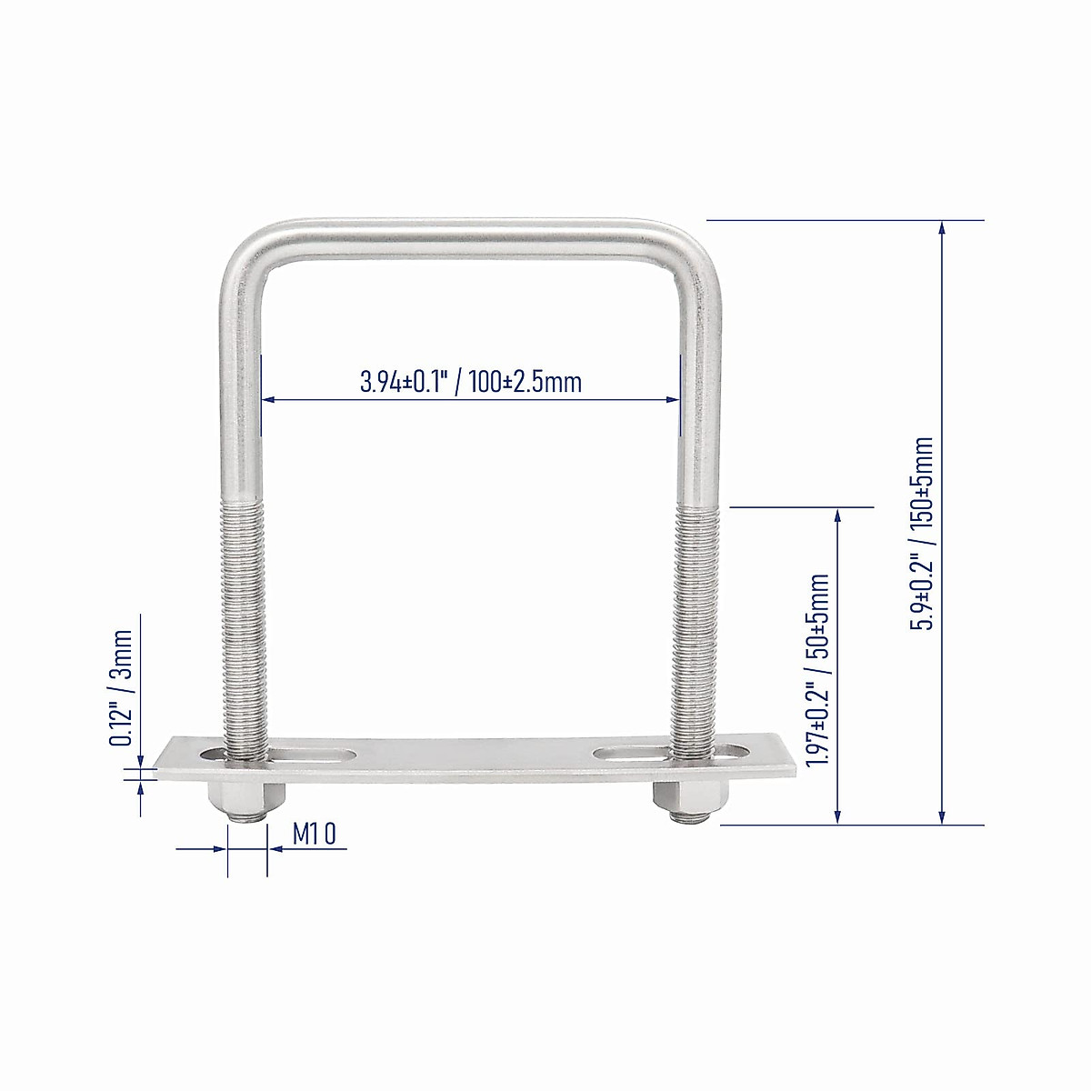 FOCMKEAS 304 Stainless Steel Square U-Bolts Stainless with M10 Nuts, Frame Plate, Accessories for Automobiles Trailer, Boat Trailer Industrial Parts (100x150mm(W*L))