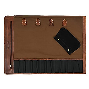 Leather Canvas Knife Roll Storage Bag Expandable 10 Pockets Detachable Shoulder Strap Travel-Friendly Chef Knife Case Roll By Aaron Leather Goods (Cleveland, Canvas Leather)