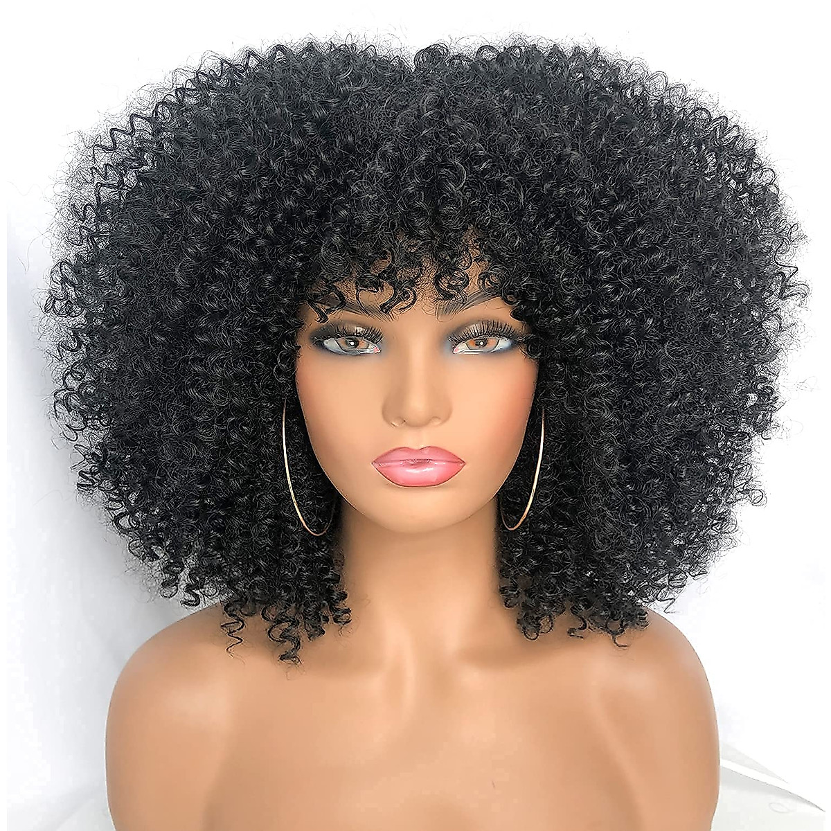 RunM Short Curly Afro Wig With Bangs for Black Women Kinky Curly Hair Wig Afro Synthetic Full Wigs（Black）