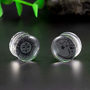 COOEAR Ear Gauges Piercing Saddle Plugs, Double Flared Tunnels, Acrylic Sun and Moon Logo Earrings Matched Stretchers.
