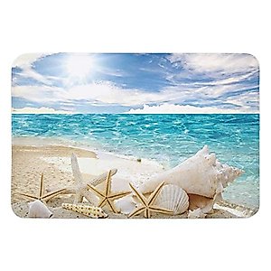 Starfish Seashells Door Mat, Beach Theme Indoor Doormat, Momery Foam Bathroom Rugs Bath Mat, Front Door Mat for Bedroom Decor Living Room Decor, Non-Slip Absorbent Floor Mats, 18x30 Inch Welcome Mats