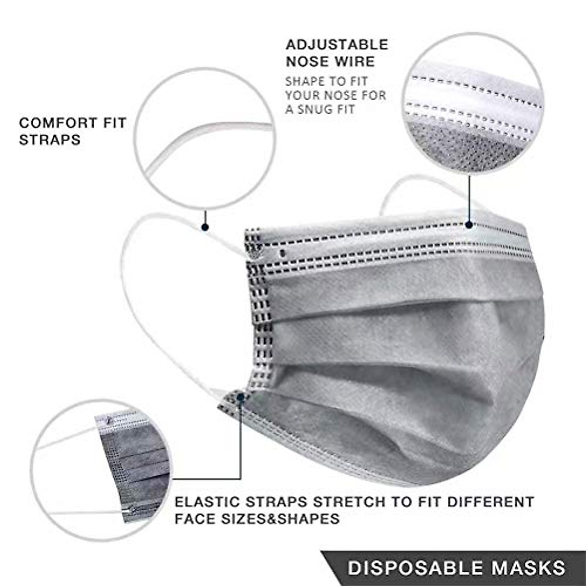 100pcs Disposable Gray Mask,3-Ply Face Masks with Earloops Mouth Shield