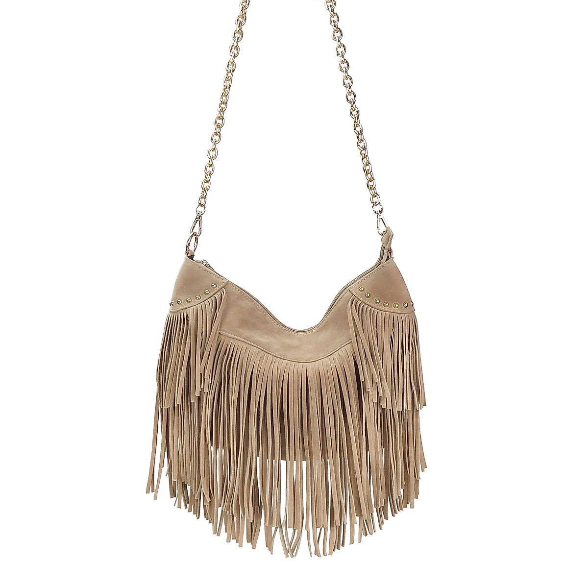 HOXIS Studded Tassel Faux Suede Leather Hobo Cross Body Chain Shoulder Bag Womens Satchel (Khaki)