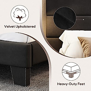 WEEWAY King Bed Frame Platform Bed with Velvet Upholstered Headboard and Wooden Slats Support, Heavy Duty Mattress Foundation, No Box Spring Needed, Easy Assembly, Black