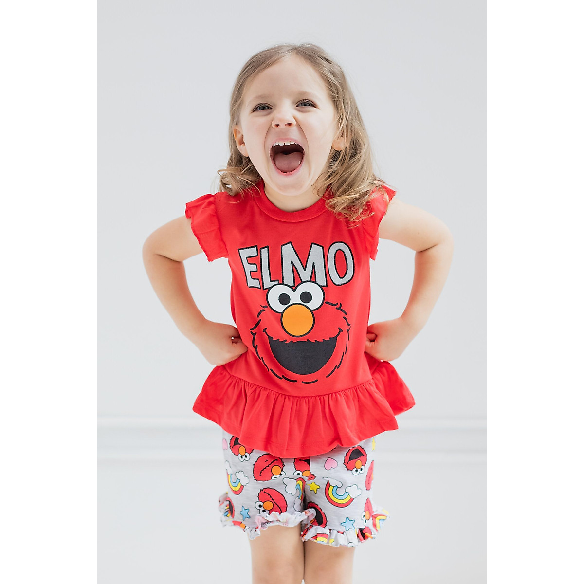 Sesame Street Elmo Toddler Girls T-Shirt and French Terry Shorts Outfit Set Red 2T