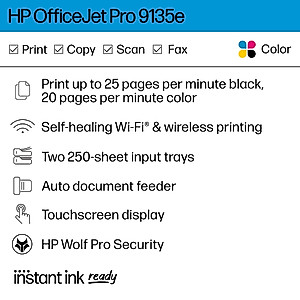 HP OfficeJet Pro 9135e All-in-One Printer, Color, Printer-for-Small Medium Business, Print, Copy, scan, fax, Wireless 3 months of Instant Ink included; Two-Sided Printing; Two-Side