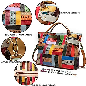 Segater® Women’s Genuine Leather Tote Multicolour Patchwork Hollow Shoulder Bag Cowhide Stitching Colorful Large Handbag Purses Multicoloured