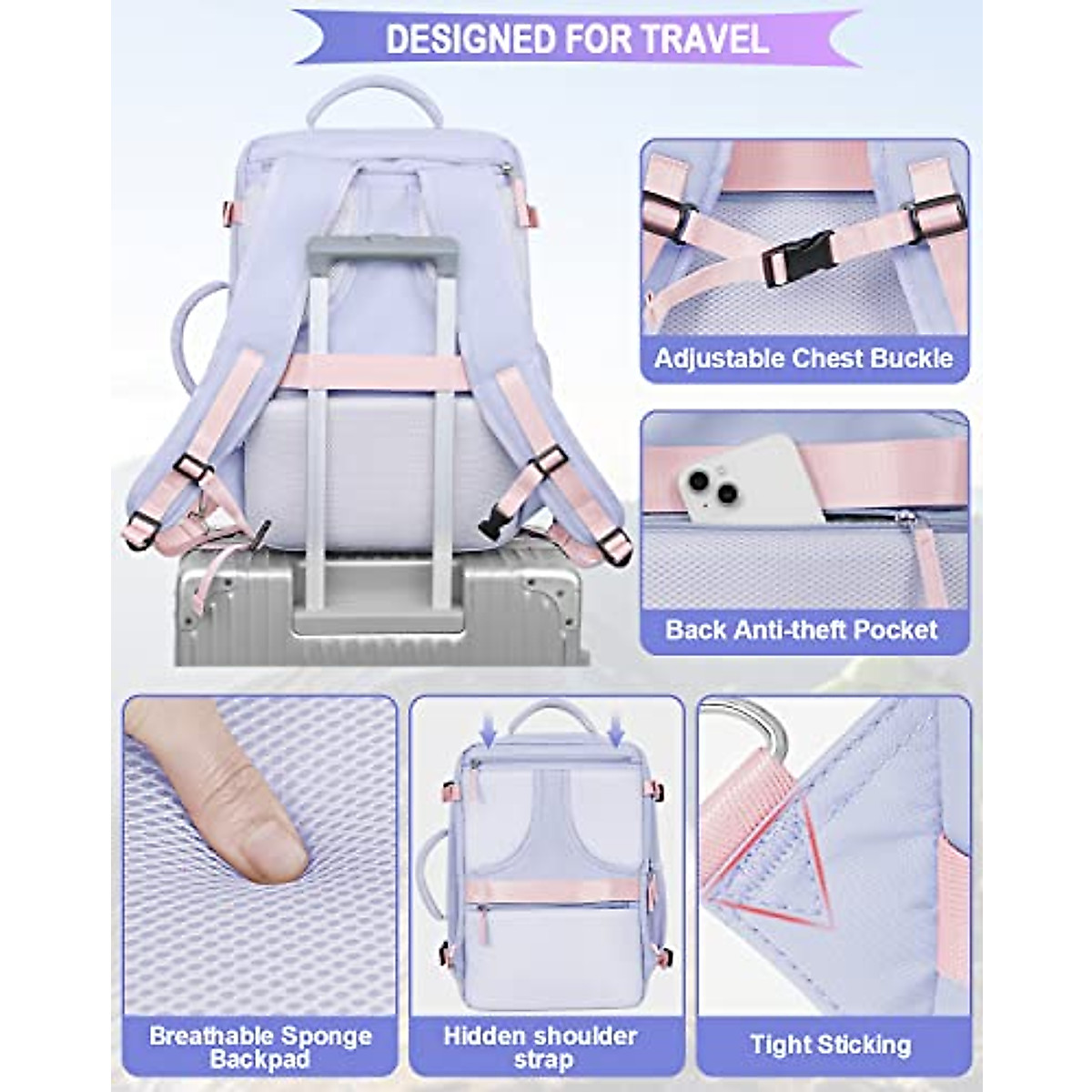 Getravel Travel Backpack for Women, Airline Approved Carry On Luggage As Personal Items, 17.3 inch Laptop Backpack, Waterproof Weekender Bag, Hiking Backpack(Purple)