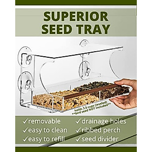 Nature's Envoy Window Bird Feeder – Clear View for Birdwatching - Strong Suction Cups for Outside - Slide Out Seed Tray w/Drain Holes for Easy Refill & Clean - Acrylic Outdoor Feeder for Wild Birds