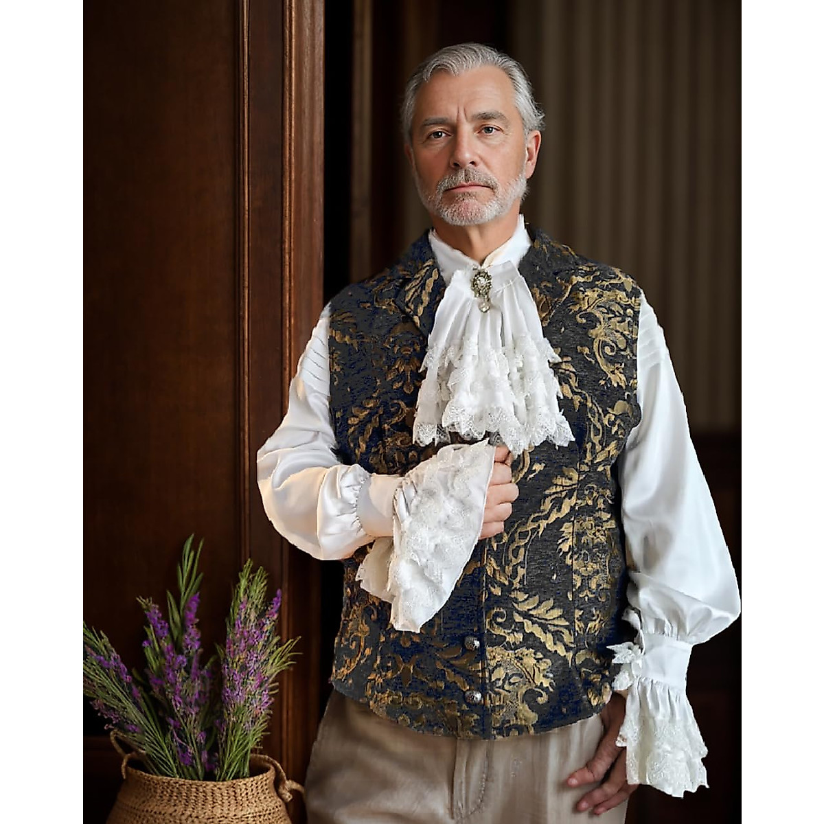 Mens Steampunk Vest Gothic Corset Waistcoat Victorian Masquerade Outfit Dress Jacquard Goth Suit Costume(Black,Large)