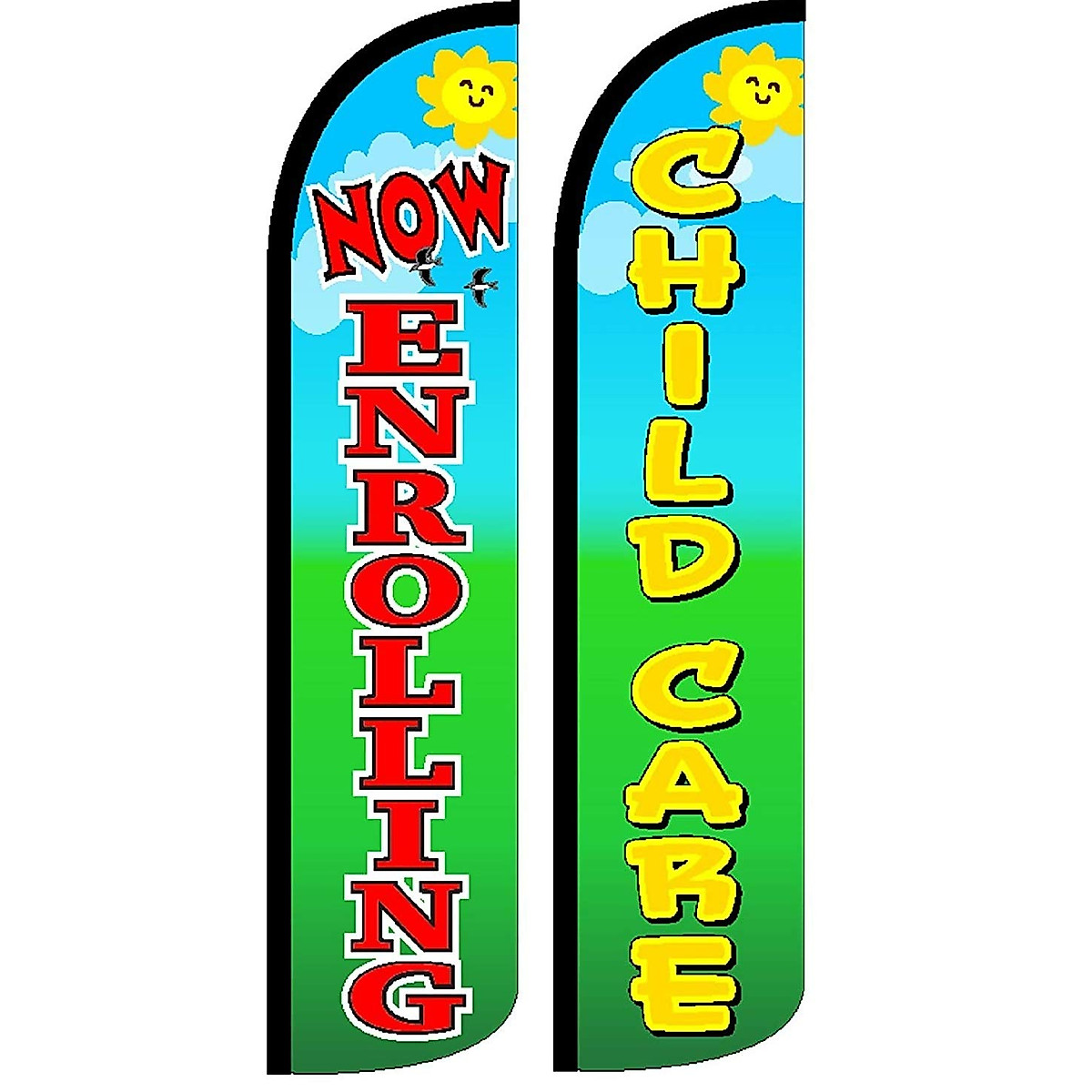 Now Enrolling Child Care King Windless Flags - 2 Pack | Heavy Duty Now Enrolling Banner Advertising Marketing | Weatherproof Polyester Childcare Banner for Business (Hardware not included)