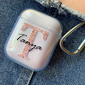 Custom Monogram Name Airpods Case with Keychain - Compatible with AirPods 1/2 / 3 / Pro/Pro 2 - Shockproof Silicone, Glitter, Gift, Cute, Clear Unique Case, Personalized Initials Airpod Case Cover
