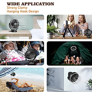 8 Inch Rechargeable Clip on Fan with Camping Lantern, Strong 4 Speeds & Timer, 10000mAh Battery Operated Clip Fan for Bed, Outdoor Travel, Golf Cart - Flexible Hook & Quiet Operation (Black)