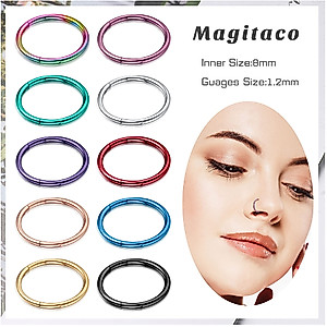 Magitaco 10 PCS 16G Septum Rings 316L Stainless Steel Hinged Segment Ring Lip Rings Cartilage Helix Conch Tragus Daith Piercing Septum Clicker Nose Rings Hoop 8mm